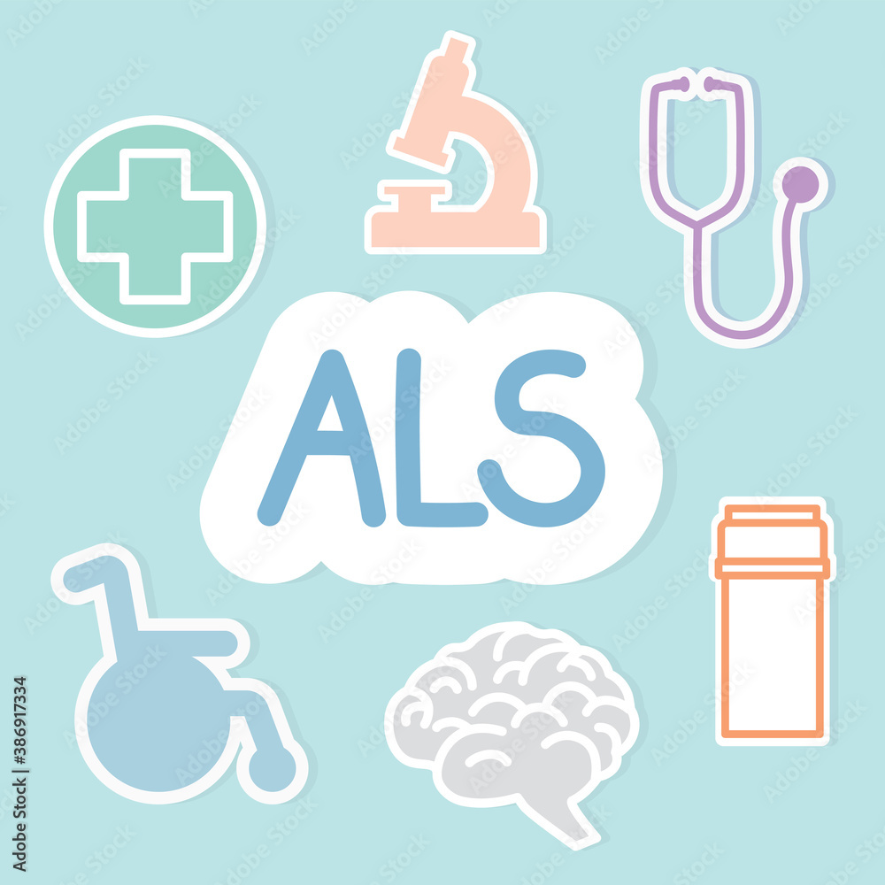 ALS (Amyotrophic Lateral Sclerosis) acronym and related icons- vector ...
