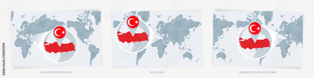 Three versions of the World Map with the enlarged map of Turkey with ...