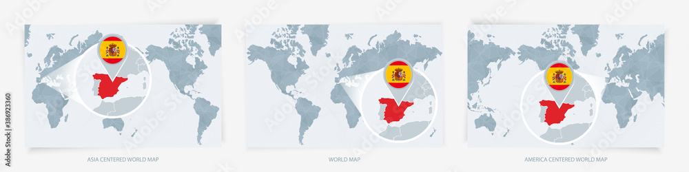 Three versions of the World Map with the enlarged map of Spain with ...