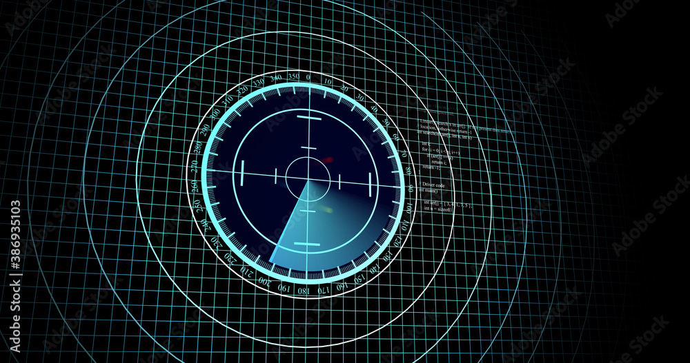 Radar scanner search for enemy aircraft and ship. 3d view of radar scan ...