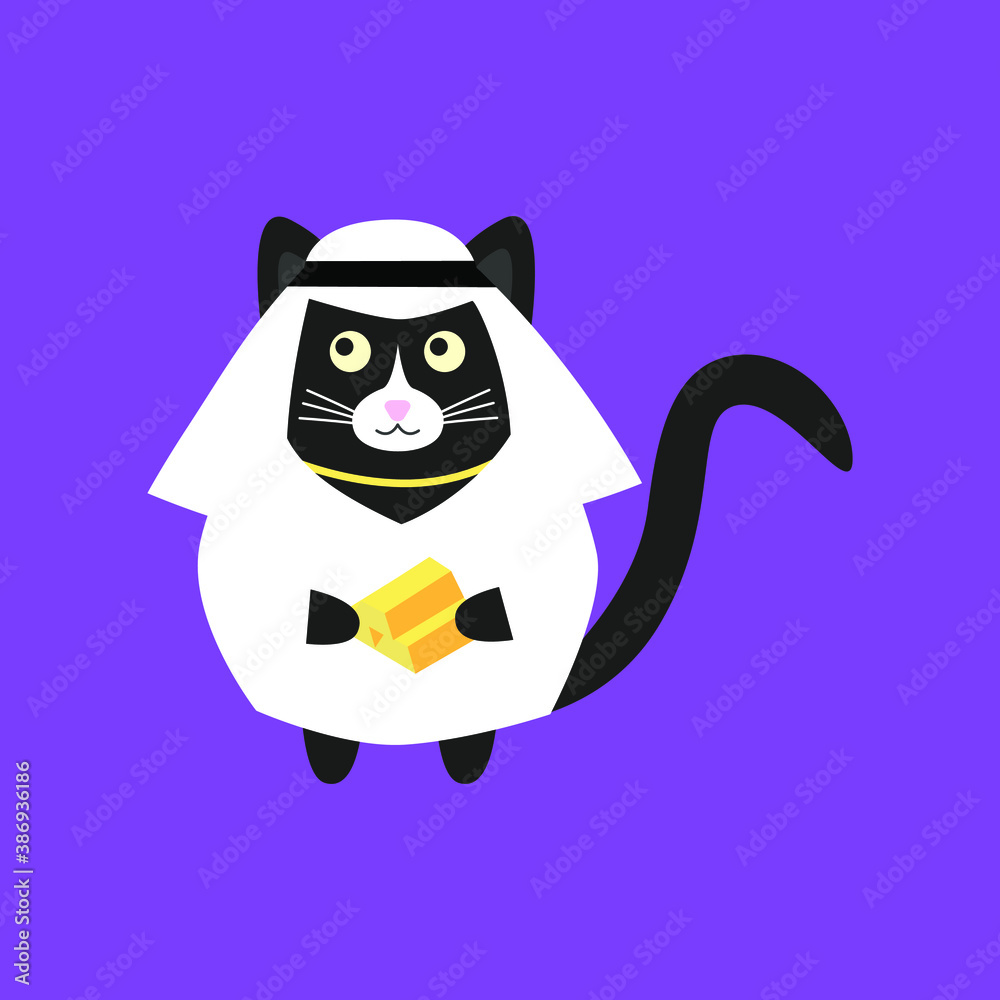 Сute arab sheikh cat in white robe and gold bar in his paws. Doodle ...