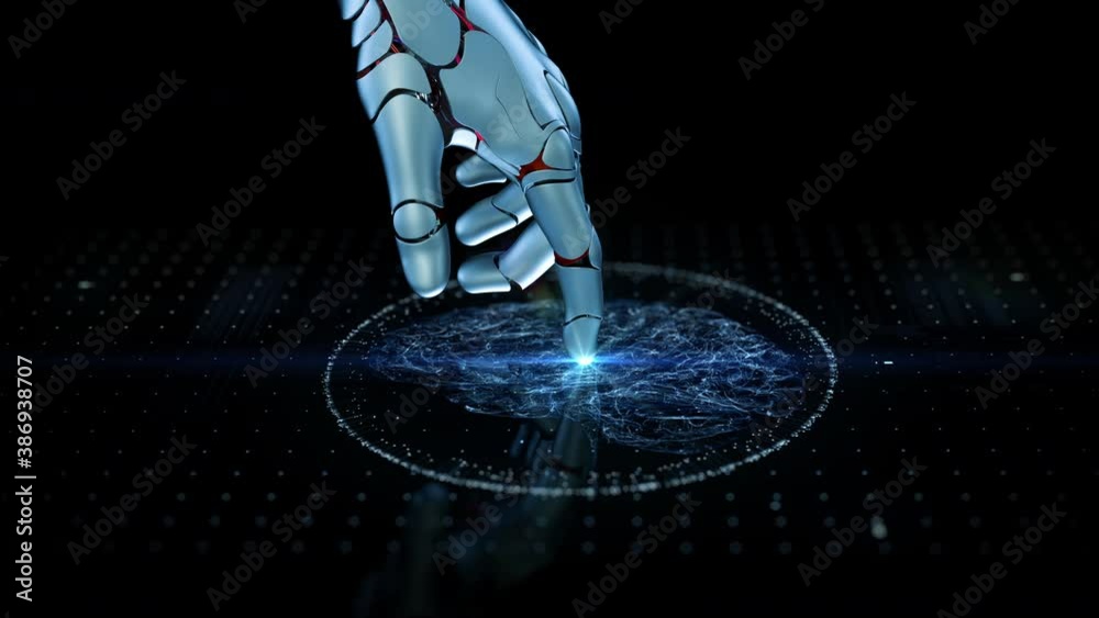 Close-up Artificial Intelligence Concept: Robot Finger Touch Screen ...
