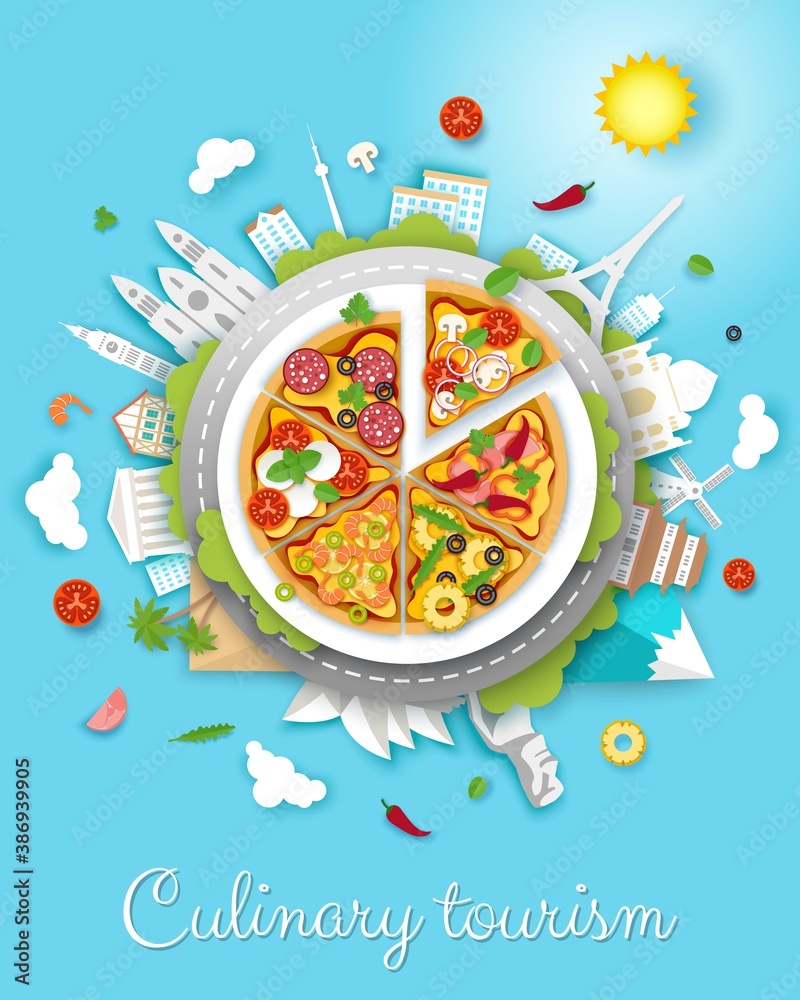 Culinary tourism vector poster, banner template. Paper cut style big ...