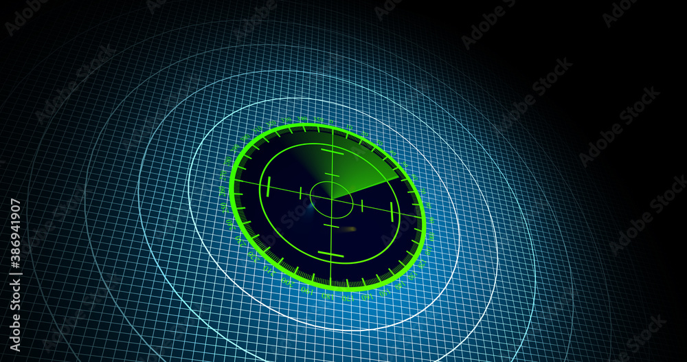 Radar scanner search for enemy aircraft and ship. 3d view of radar scan ...