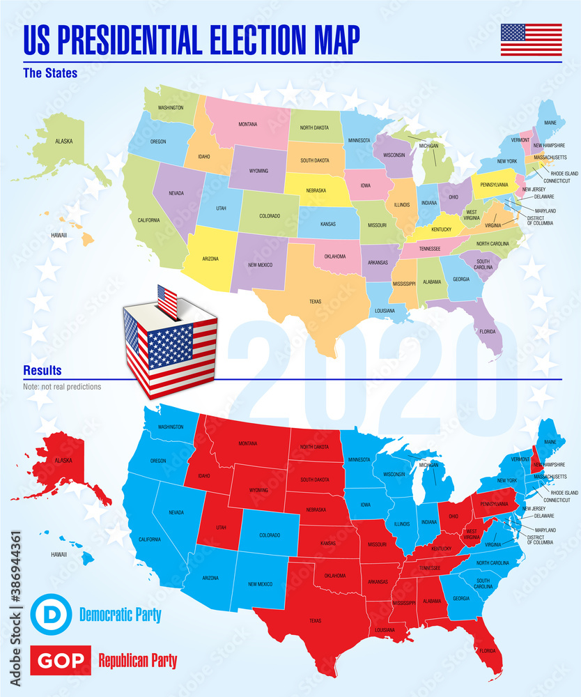 US presidential elections 2020, map of separate US states with the ...