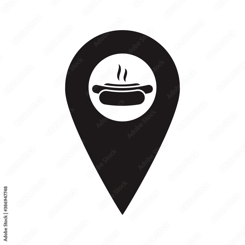 Black Map Pointer with hot dog icon inside. Fast food restaurant marker ...