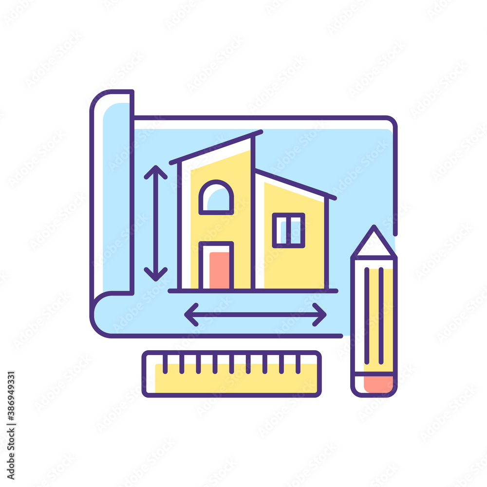 Building plan RGB color icon. Engineering draft for residential house ...