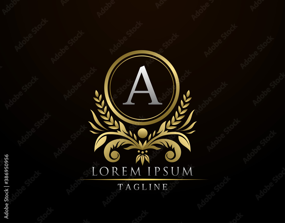 Letter A Luxury Royal Logo, Elegant Circle Gold Badge With Floral ...