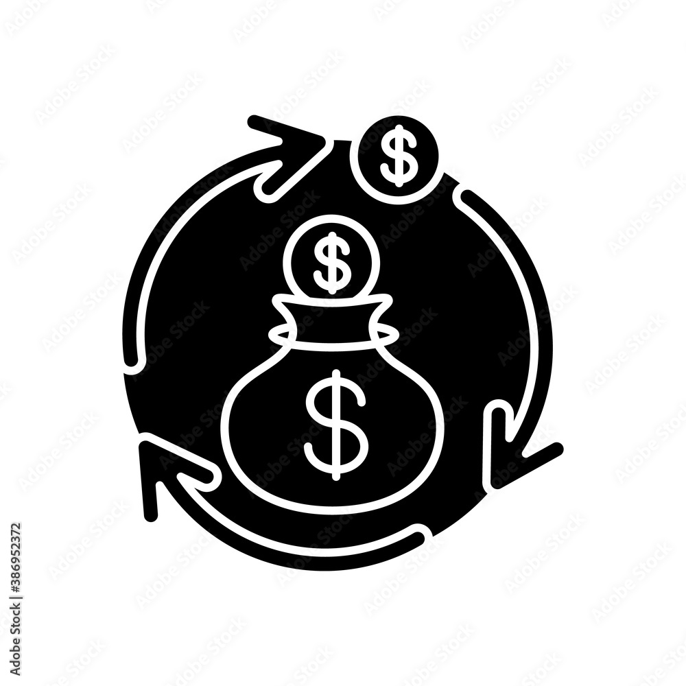 Revenue synergy black glyph icon. Accounting process. Money exchange ...