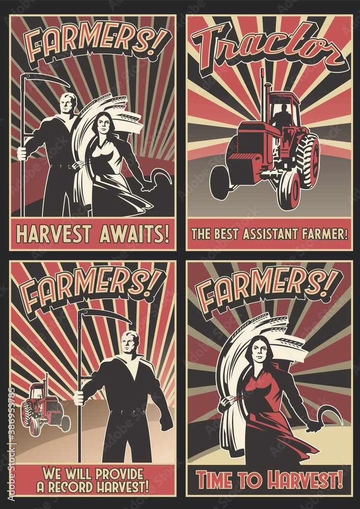 Farmers and Harvest Agricultural Propaganda Posters Retro Style Stock ...