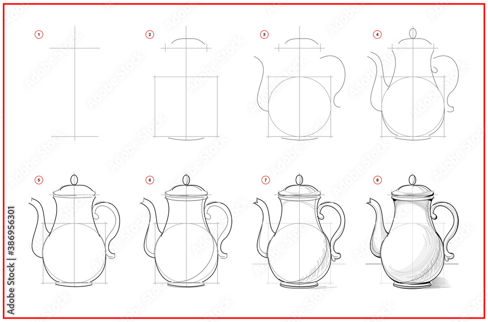 Page shows how to learn to draw sketch of coffee pot. Creation step by ...