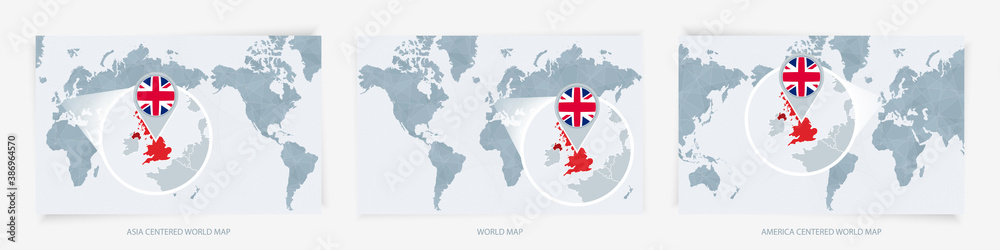 Three versions of the World Map with the enlarged map of United Kingdom ...