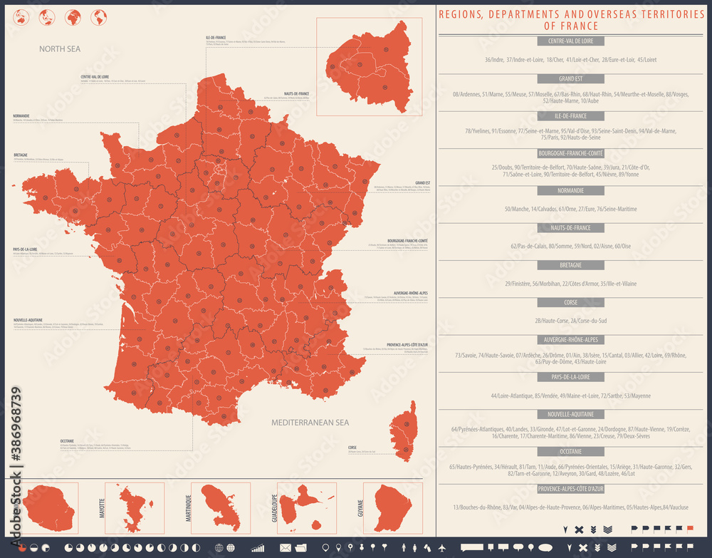 Map with infographics, regions, departments and overseas territories of ...