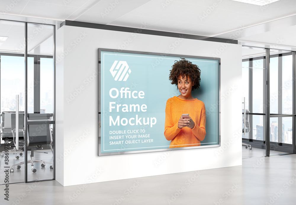 Billboard Hanging on Office Wall Mockup สต็อกเทมเพลต | Adobe Stock