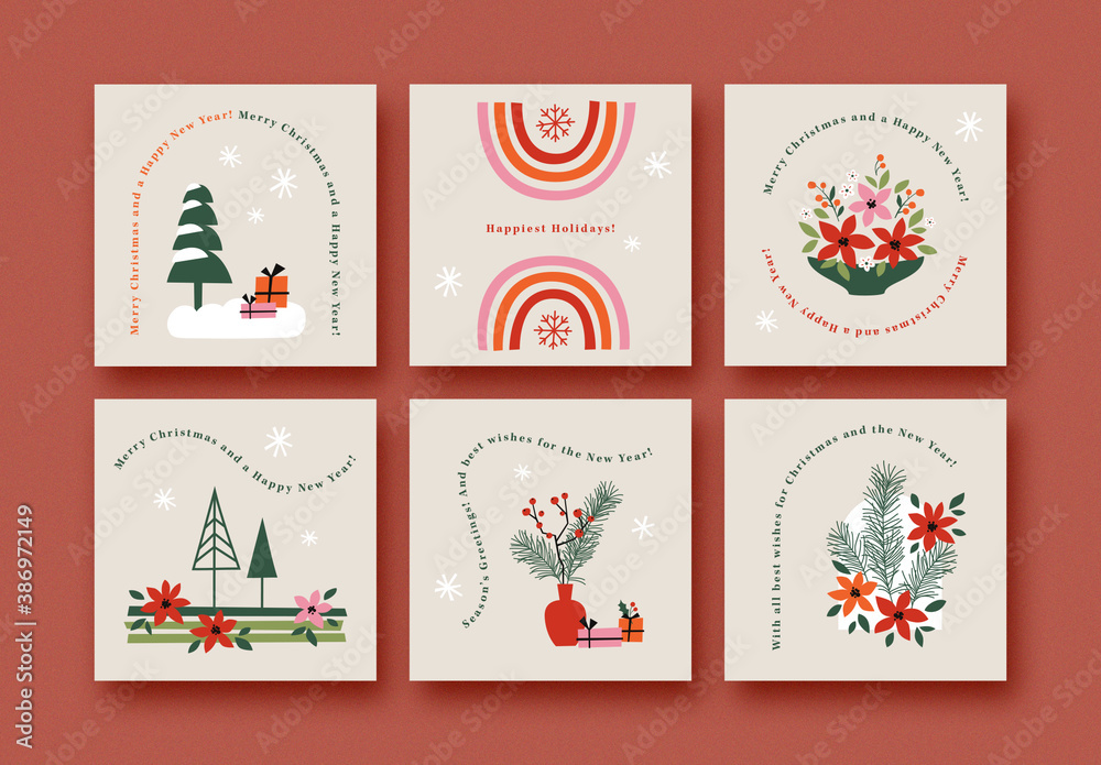 Holiday Card Layout Set with Illustrations Stock Template | Adobe Stock