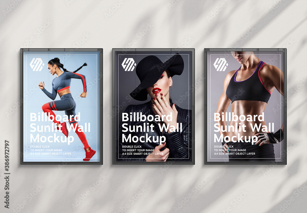 3 Billboards Hanging on Sunlit Wall Mockup Stock Template | Adobe Stock