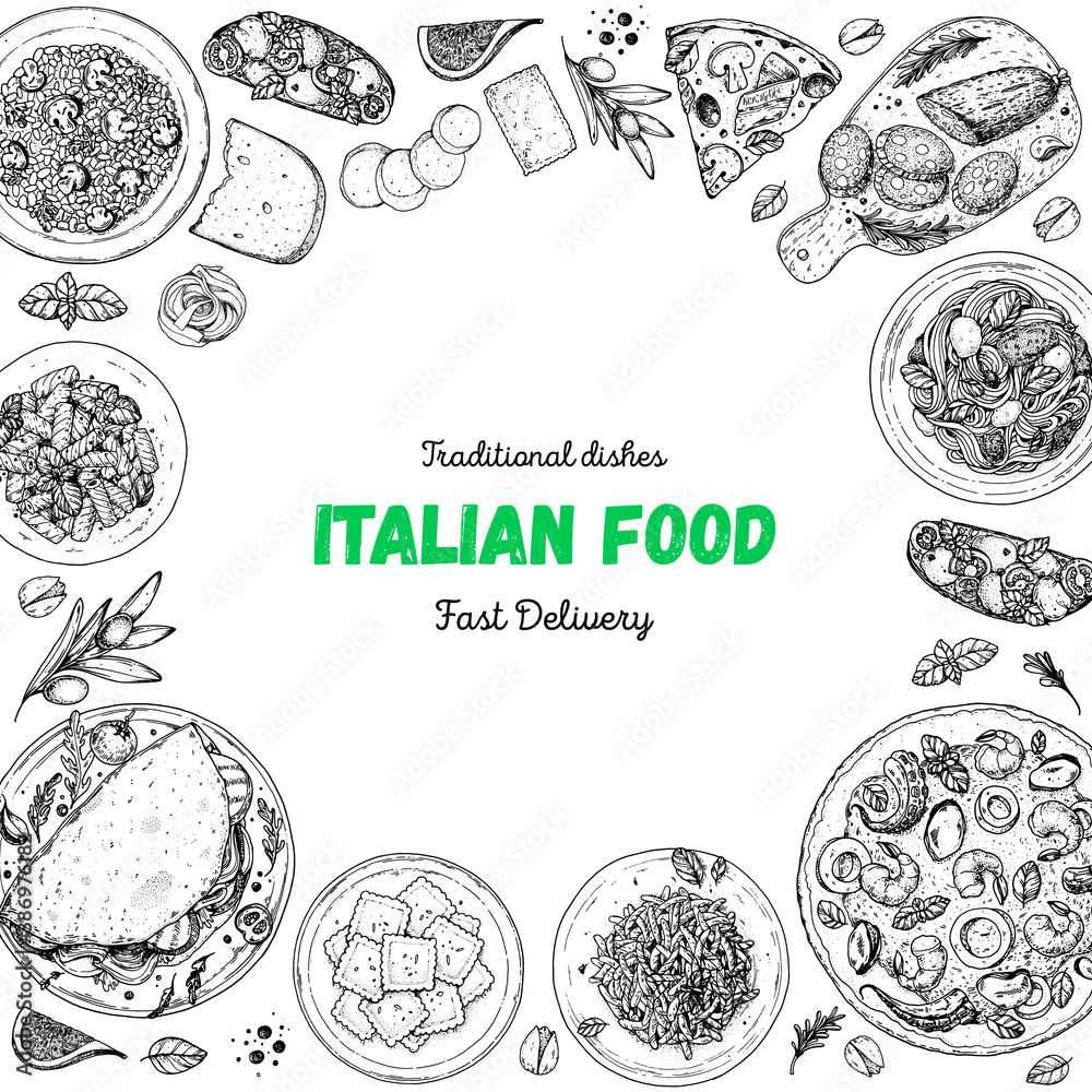 Italian Food. Top view. Sketch illustration. Italian cuisine. Design ...
