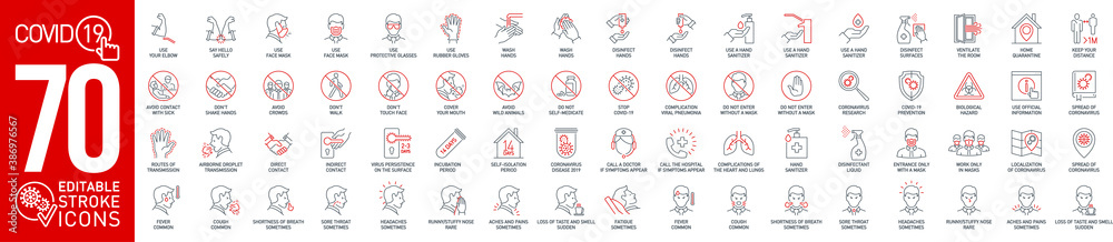 Prevention and symptoms Coronavirus Covid19 line icons set isolated on ...