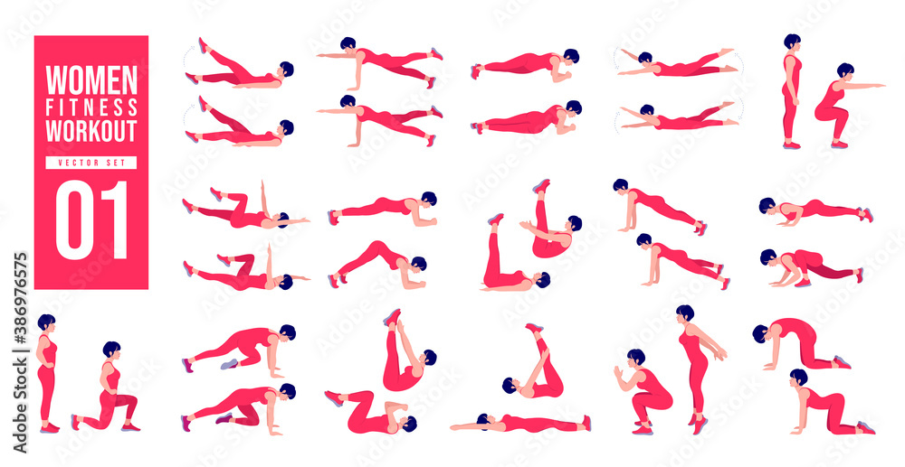 Women Workout Set. women exercise vector set. Women doing fitness and ...