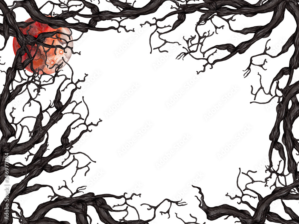 Spooky forest in gothic style. Horror frame of dry snags, trees and ...