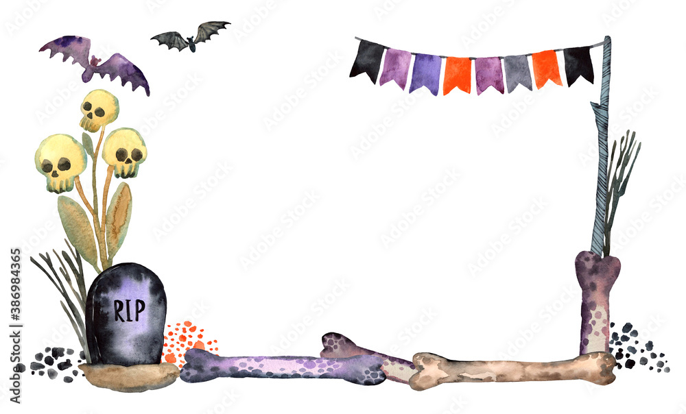 Halloween creepy frame .Hand drawn watercolor border. Retro gothic ...
