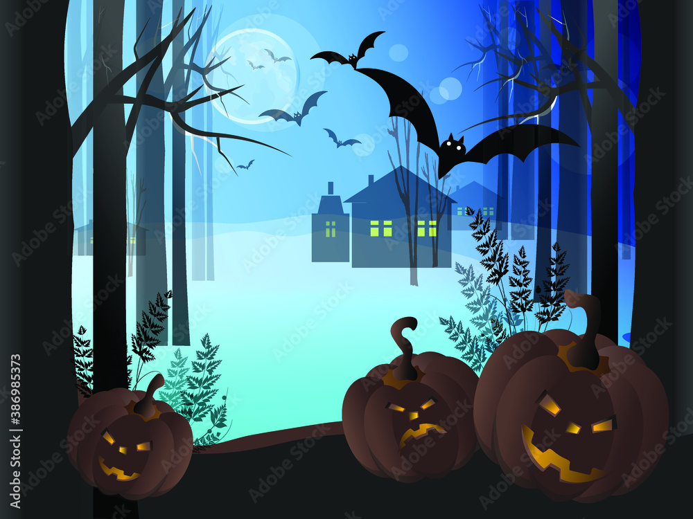 Horrible pumpkins, the moon, ghostly trees and houses in the night ...