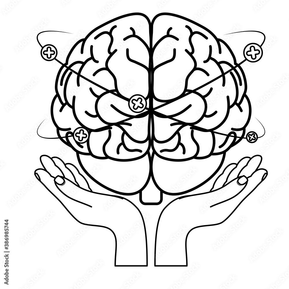 hands lifting brain human with pluss symbols around mental health care ...
