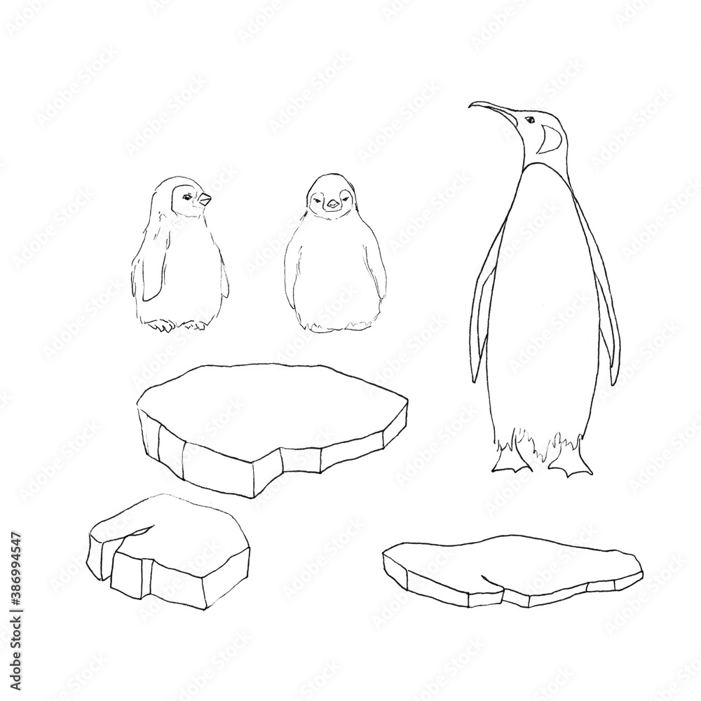 Pencil drawing of ice floes and penguins. Hand-drawn illustration Stock ...