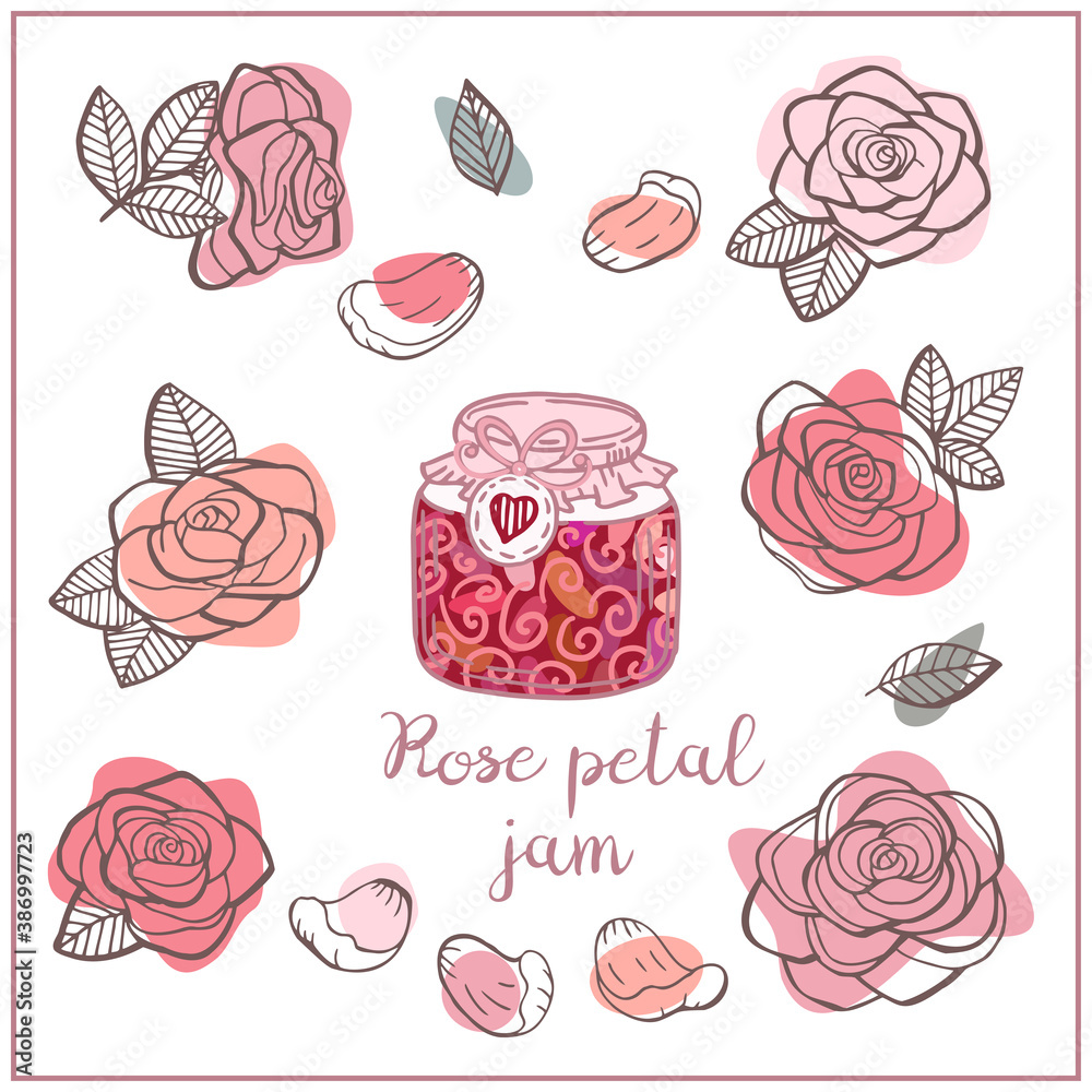 Cute illustration with Rose petal jam. Graphic hand drawn engraving ...