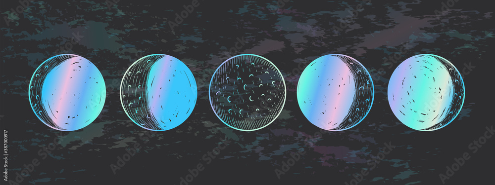 Vector illustration set of moon phases. New style, holographic ...