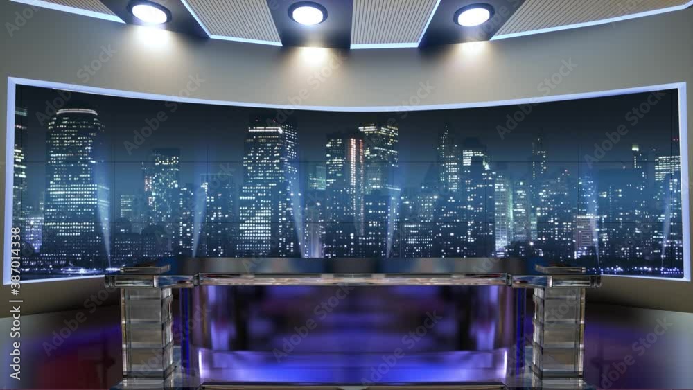 3d virtual news studio. Announcer Table with night city background and ...