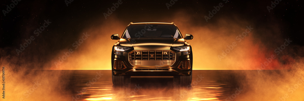 Gold sports car, studio setup on a golden background. 3d rendering ...