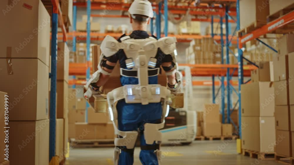 High-Tech Futuristic Warehouse: Worker Wearing Advanced Full Body ...