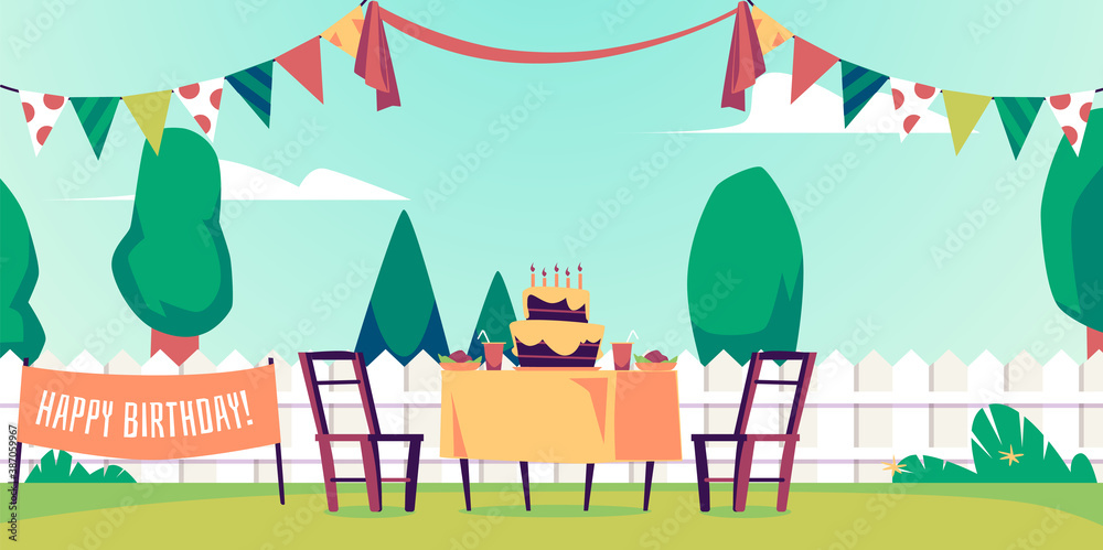 Birthday backyard party outside decorations, flat cartoon vector ...
