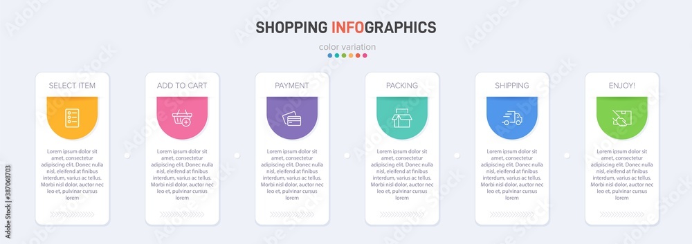 Concept of shopping process with 6 successive steps. Six colorful ...
