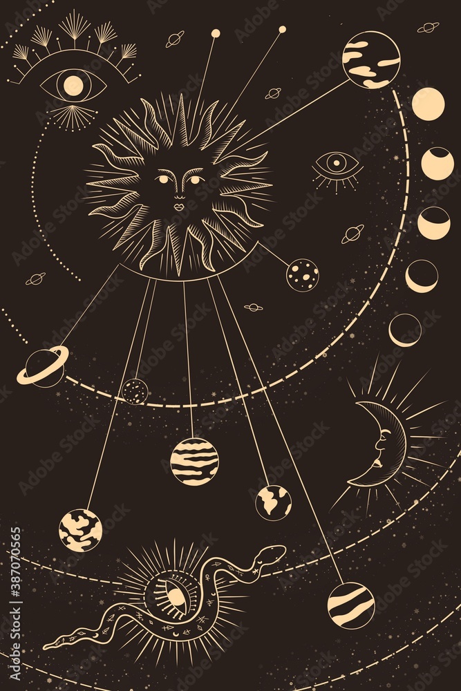 raster illustration, crystals and solar system, phases of the moon ...