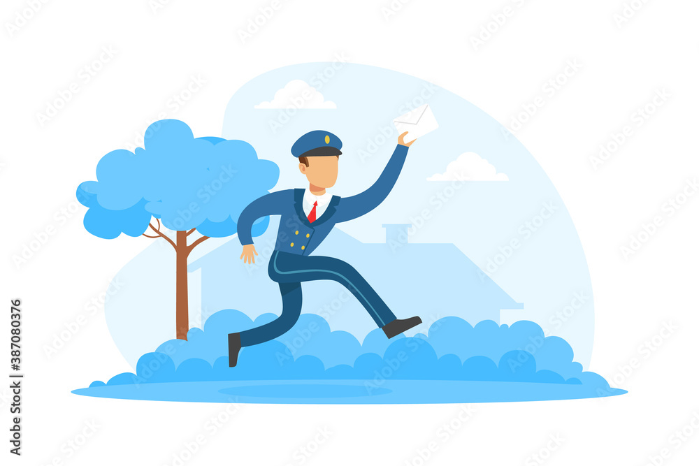 Running Postman Delivering Letter, Mailman in Blue Uniform Delivering ...