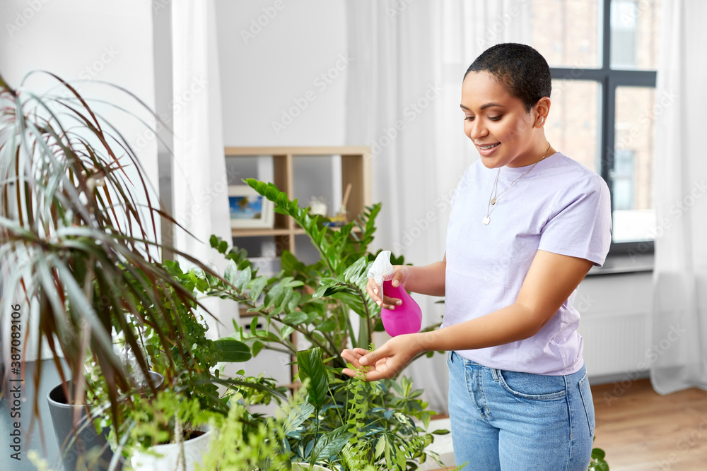 people, housekeeping and plants care concept - african american woman ...