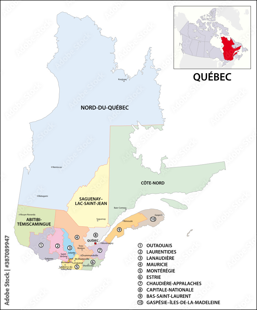 administrative vector map of the Canadian province of Quebec Stock ...