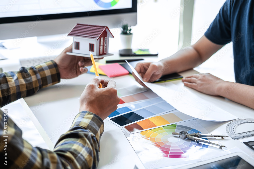 Team design of young Interior graphic designer working house project ...