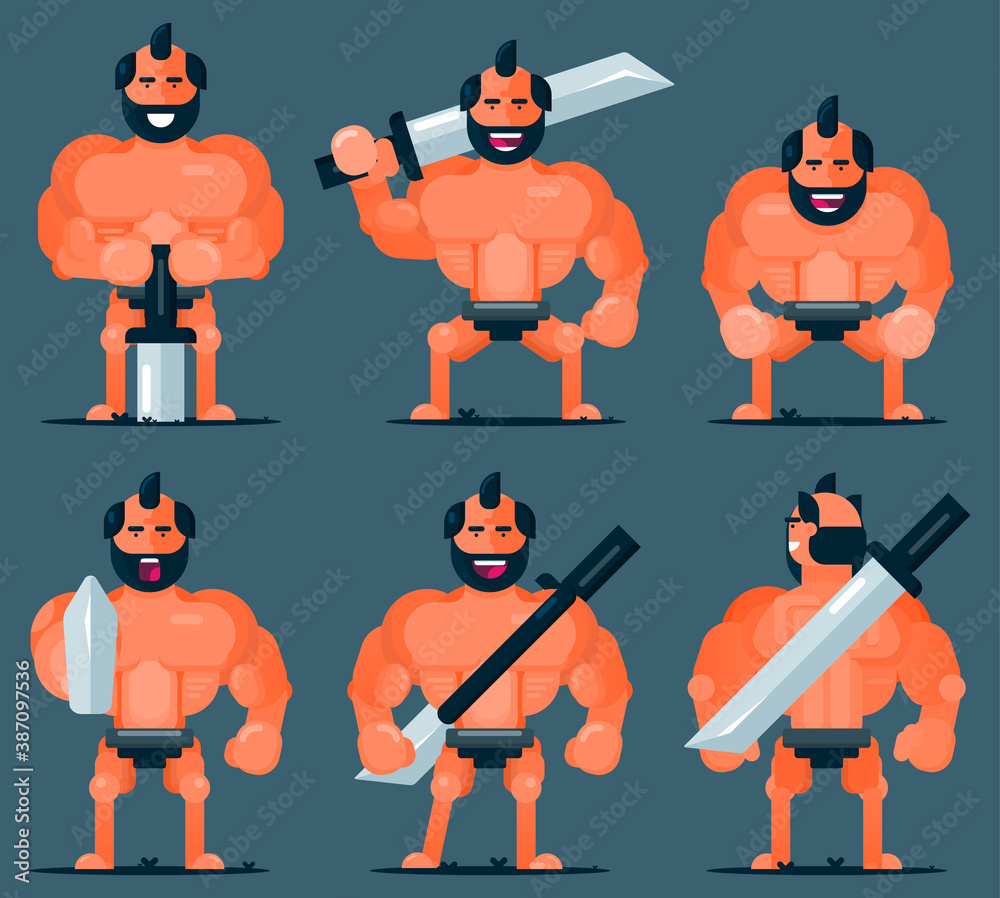 Big body builder man bring sword Flat cartoon character vector ...