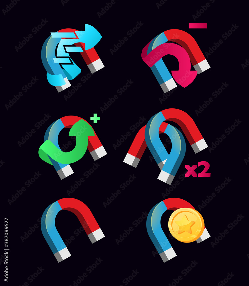 Set of gui magnet icon ability power up for 2d game ui asset elements ...