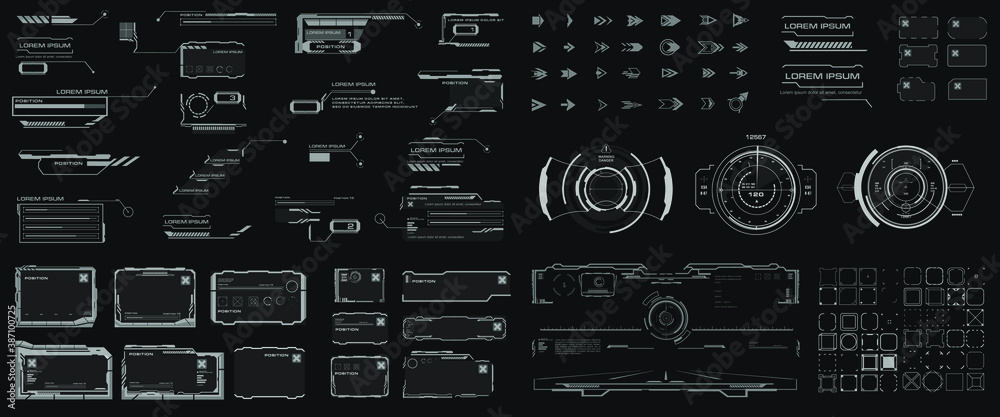 Futuristic HUD elements with link boxes, arrows, callouts, headers, pointers, borders, info ...