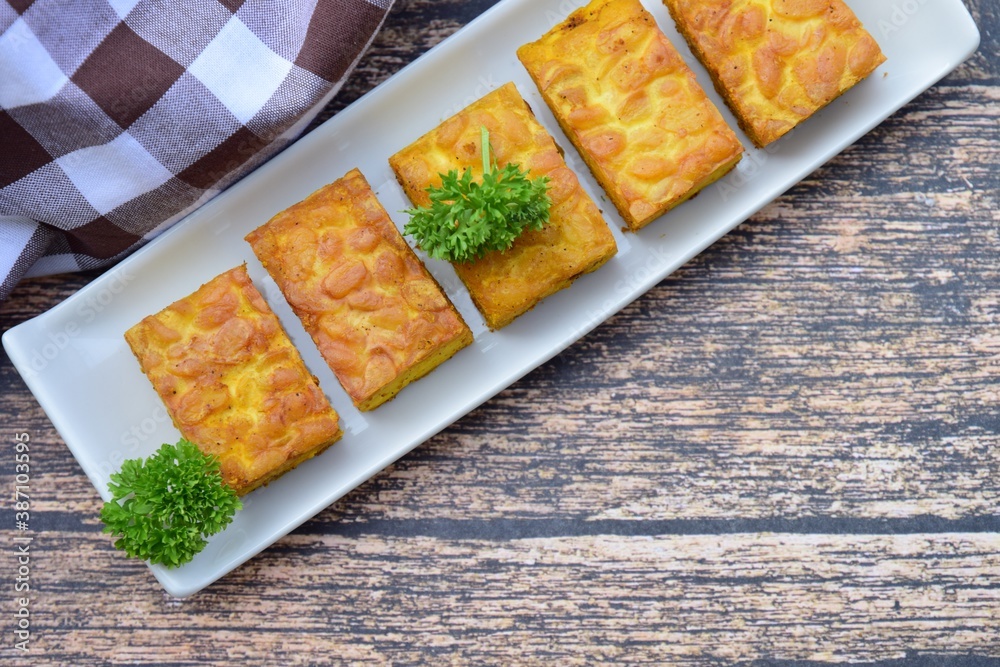 Fried tempeh. Made by a natural culturing and controlled fermentation ...