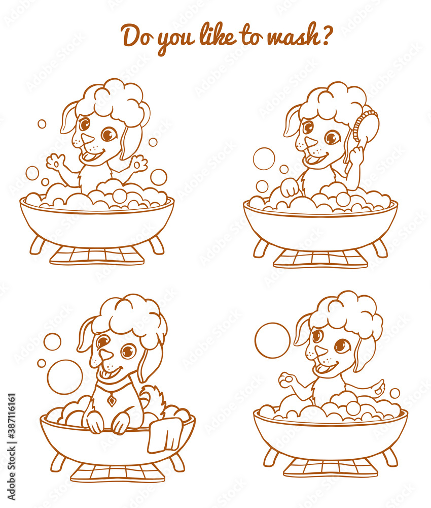 Cute puppy is washing. Dog shampoo comic. Educational coloring page for ...