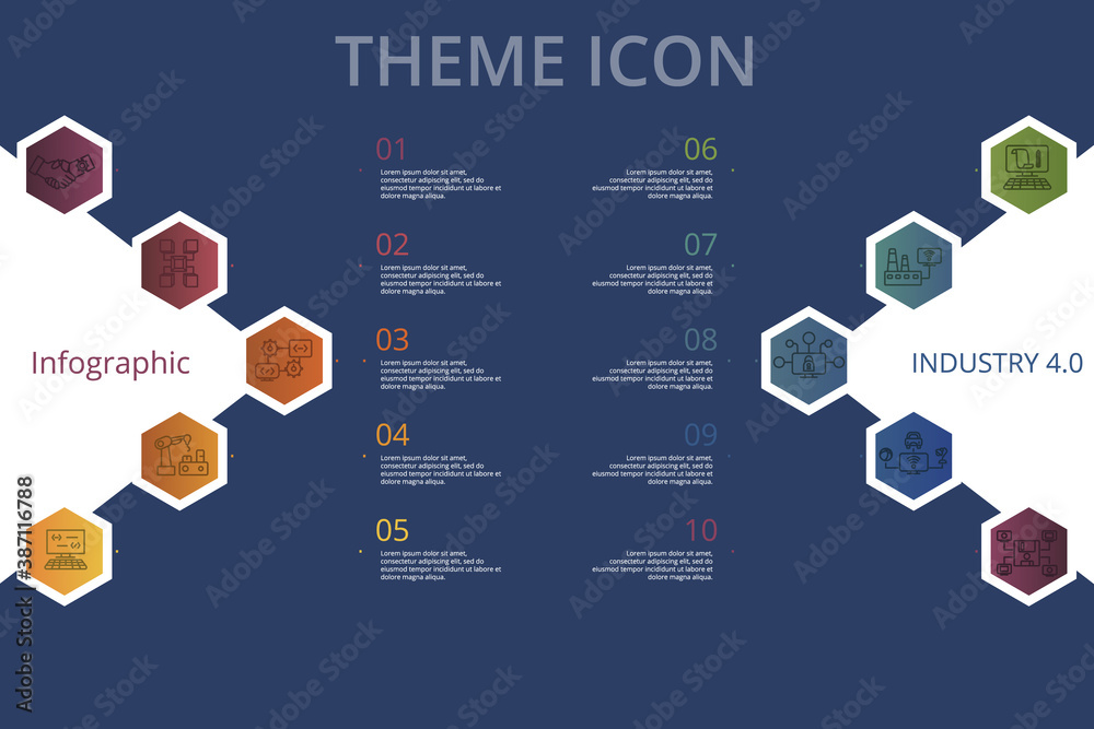 Infographic Industry 4.0 template. Icons in different colors. Include ...