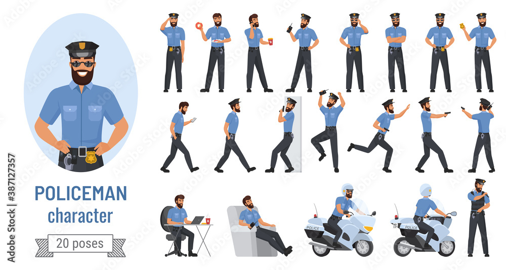 Policeman poses vector illustration set. Cartoon bearded professional ...