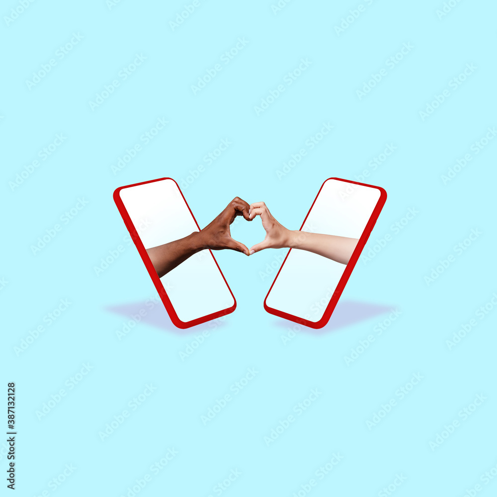 Heart. Hands gesturing through screens of mobile phones against blue ...