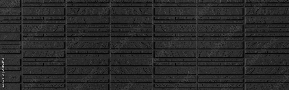 Panorama of Block pattern black stone cladding wall tile texture and ...