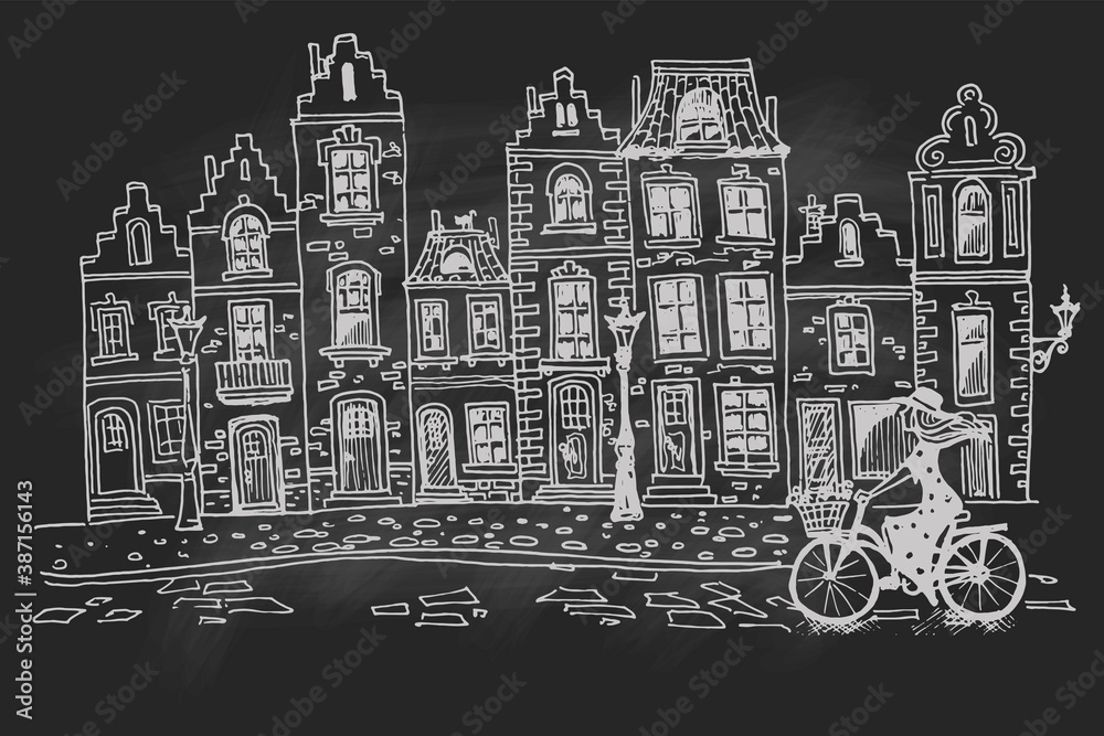 Vector sketch of Traditional architecture in the town of Bruges (Brugge ...
